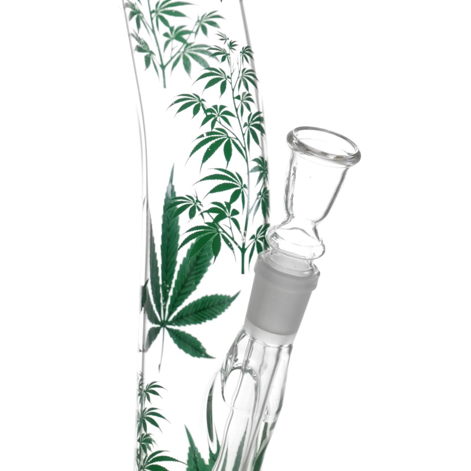 Glass Bong Zylinder gebogen mit Hanfblatt | H: 46cm, Ø: 50mm, Schliff ...