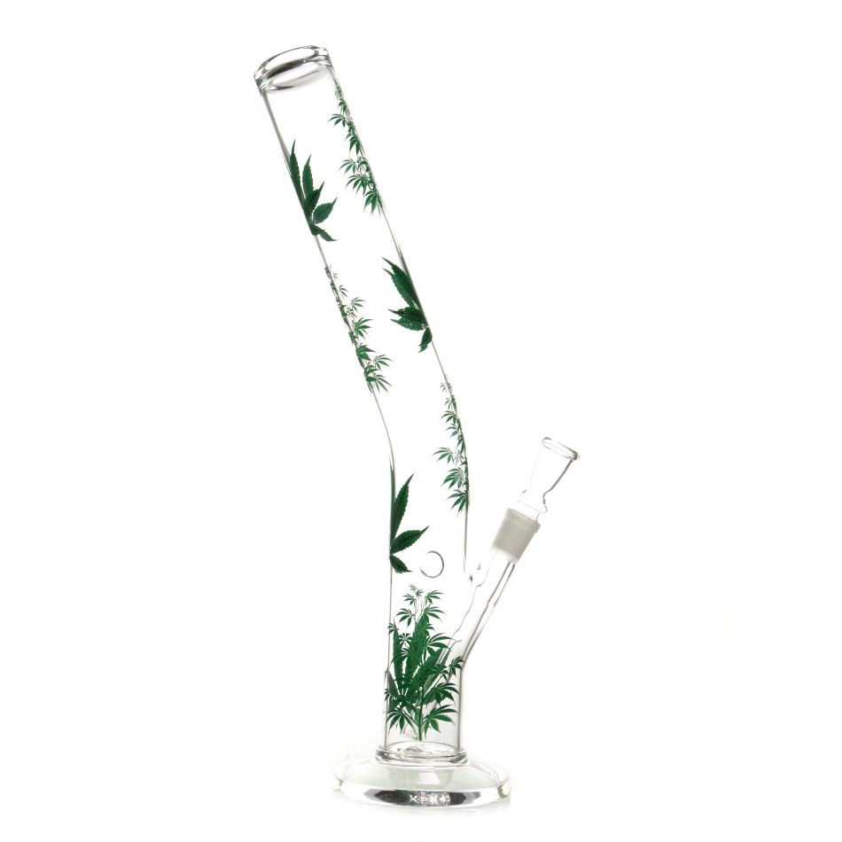Glass Bong Zylinder gebogen mit Hanfblatt | H: 46cm, Ø: 50mm, Schliff ...